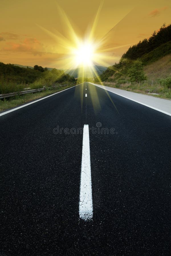 Long road at sunset stock photo. Image of journey, back - 107040668