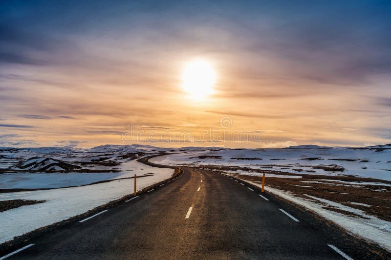 A Long Straight Road at Sunset in Winter Stock Image - Image of long ...