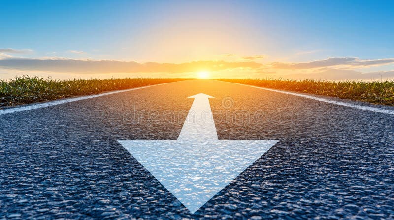 A Long Straight Road with a White Arrow Pointing Towards the Sunset ...
