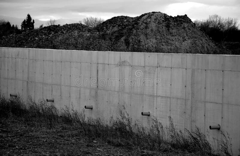 Long Straight Supporting Wall of Cast Cement Mixer Formwork. Behind ...