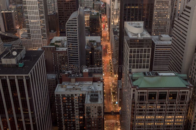 Long Street Cutting through Downtown Chicago at Dusk Stock Photo ...