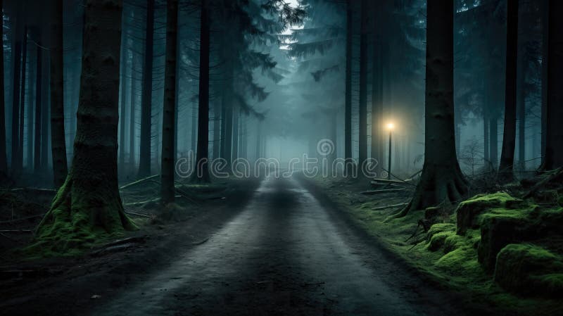 A Long Street in a Forest at Night, Wallpaper Stock Illustration ...