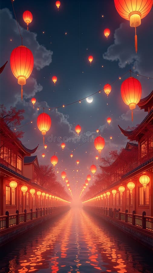 Long Street with Many Red Lanterns Hanging from the Buildings Stock ...