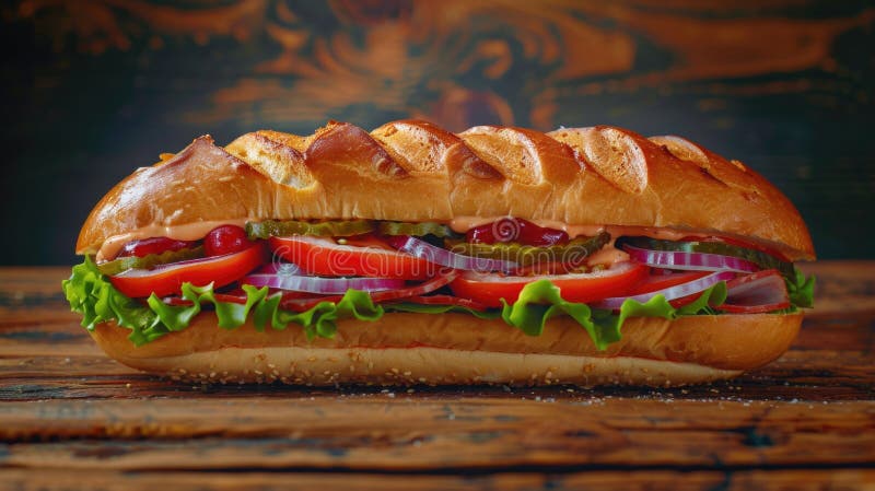 Long Sub Sandwich with Lettuce, Tomatoes, and Pickles Stock Image ...