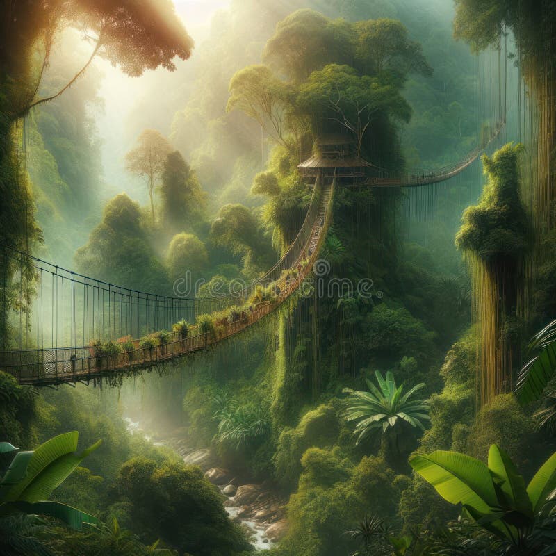 Long Suspension Bridge of Tropical Jungle. Stock Illustration ...