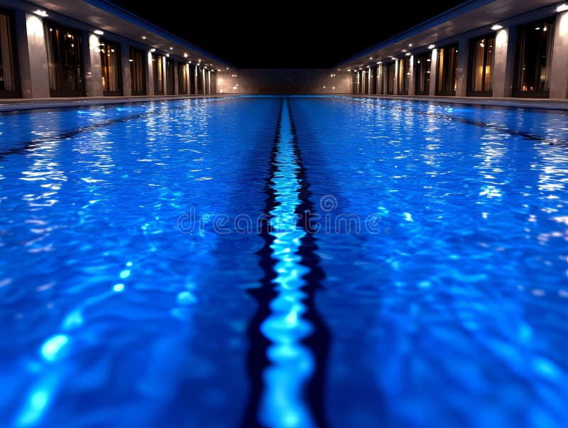 A Long Swimming Pool Lit Up at Night with Blue Lights Stock Photo ...