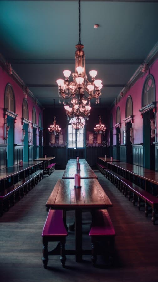 A Long Table with Benches and a Chandelier. Generative AI Image. Stock ...