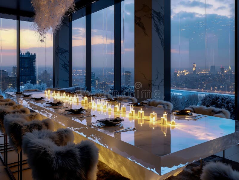 A Long Table with Candles on it in Front of a Large Window Stock Photo ...