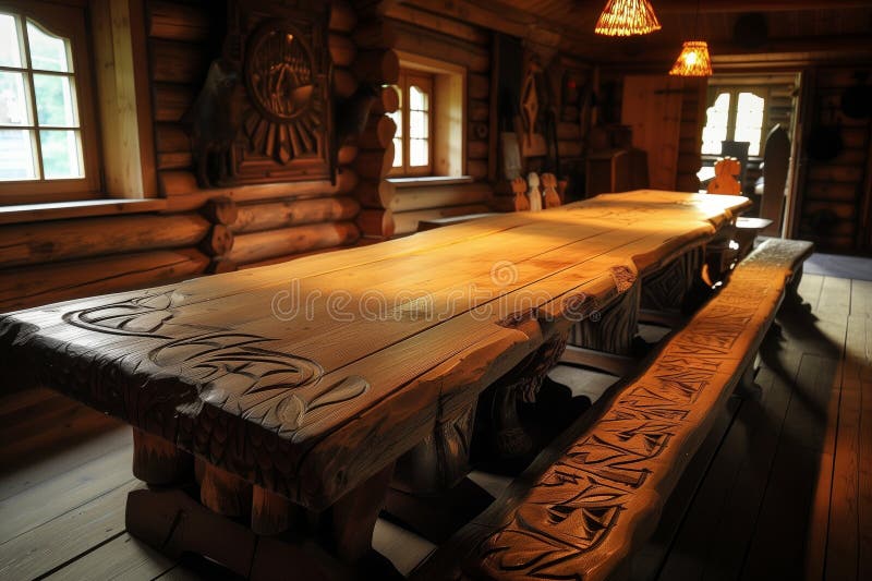 A Long Table with Carved Wooden Benches in a Cozy Cabin Setting Stock ...