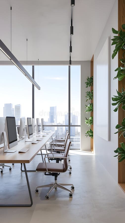 Long Table with Computers, Cityscape View, Plants, Minimalist and ...