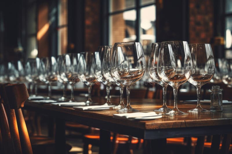 A Long Table Filled with Empty Wine Glasses. Ideal for Restaurant or ...