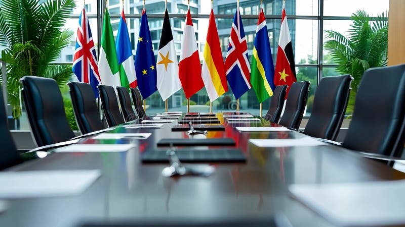 A Conference Room with a Long Table with Many Flags in the Background ...