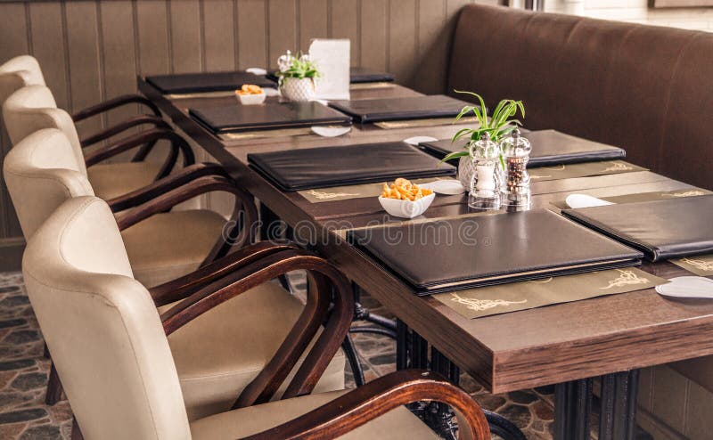 Long Table with Restaurant Menu`s Stock Image - Image of table ...