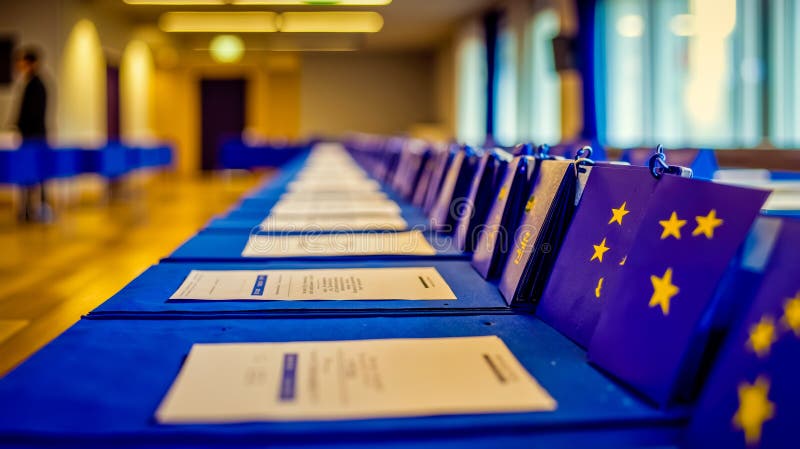 A Long Table with a Row of Blue Chairs with Flags on Them Stock Image ...