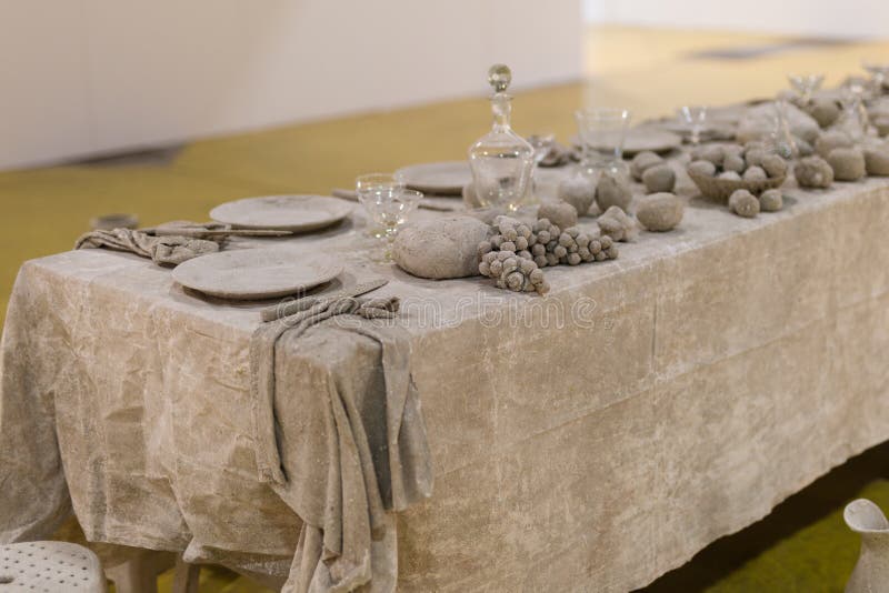 Long Table Set with Completely Grey Colour, No People Stock Image ...