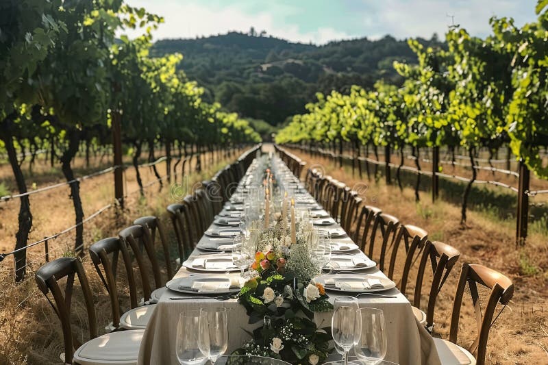 A Long Table Set for Dinner in a Vineyard with Rows of Grapevines on ...