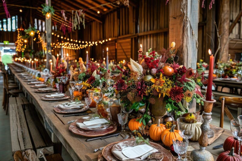 A Long Table Set for a Thanksgiving Dinner, Barn Wedding in a Rustic ...