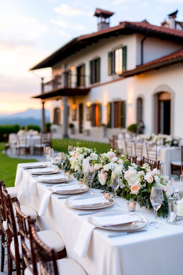 A Long Table Set Up for a Wedding Reception in Front of a Large ...