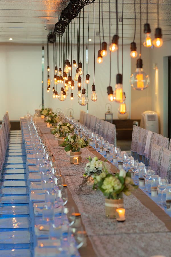 Long Table Set Up at a Wedding Reception Stock Image - Image of glasses ...