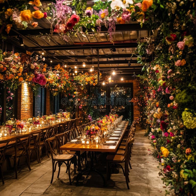 A Long Table Set for a Wedding Dinner Under a Floral Canopy Stock ...