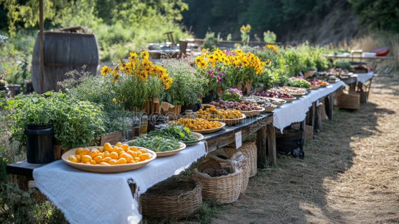 Long Table Spread with Fresh Produce and Flowers Stock Illustration ...