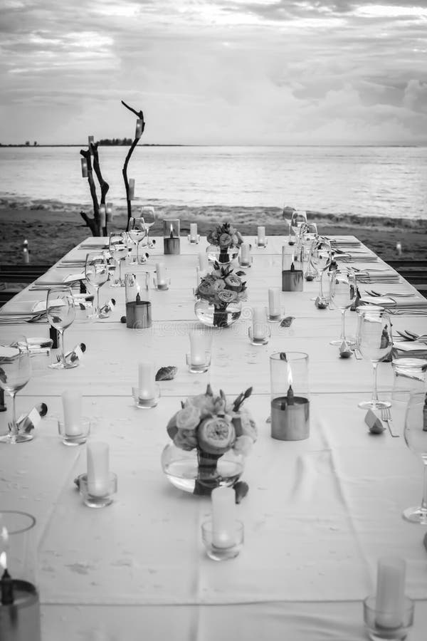 Long Table Wedding Dinner Setup on the Beach at Thailand Stock Image ...