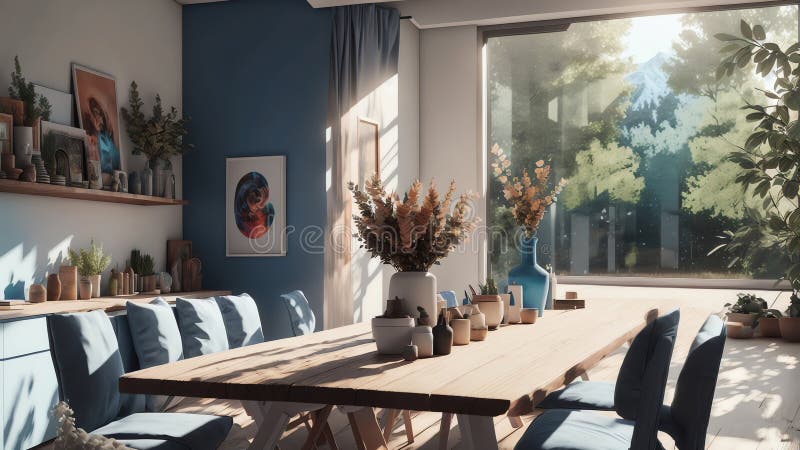 Long Table in White and Blue Dining Room. Generative AI Stock ...