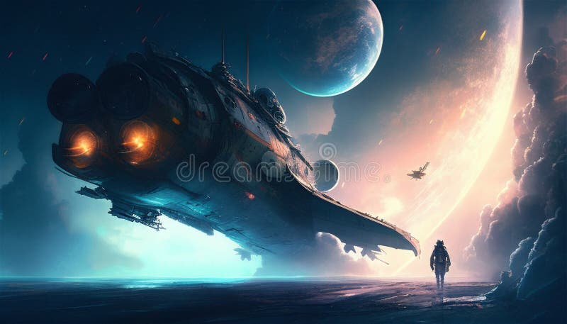 Long and Thick Gray Spaceship Above the Surface of an Alien Planet with ...