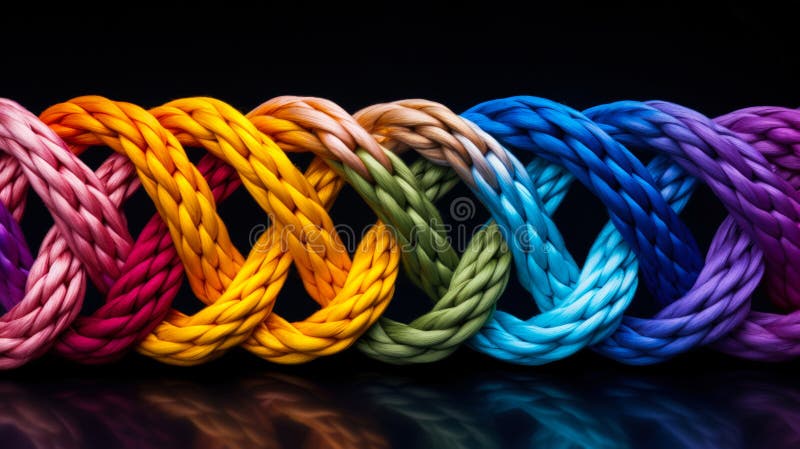 Long Thick Rainbow-colored Rope Tied with Many Knots. Demonstrates ...