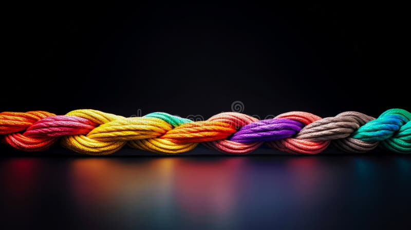 Long Thick Rainbow-colored Rope Tied with Many Knots. Demonstrates ...