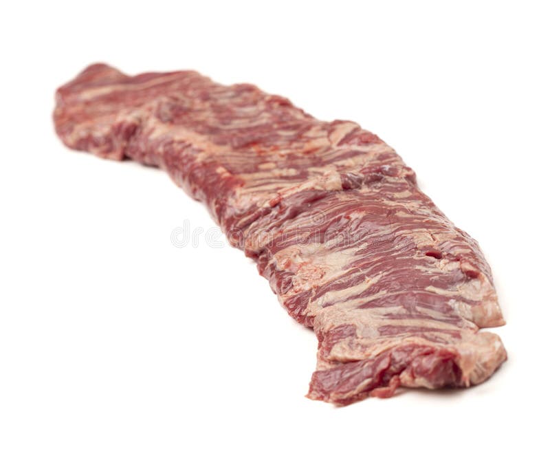 A Long Thin Raw Beef Flank Steak Isolated on a White Background Stock ...