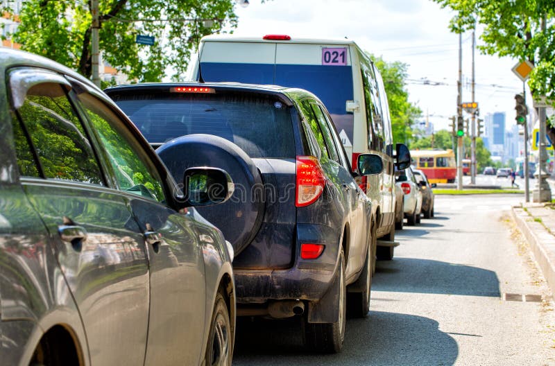 Long Traffic Jam at an Crossroads on Hot Summer Day Stock Image - Image ...