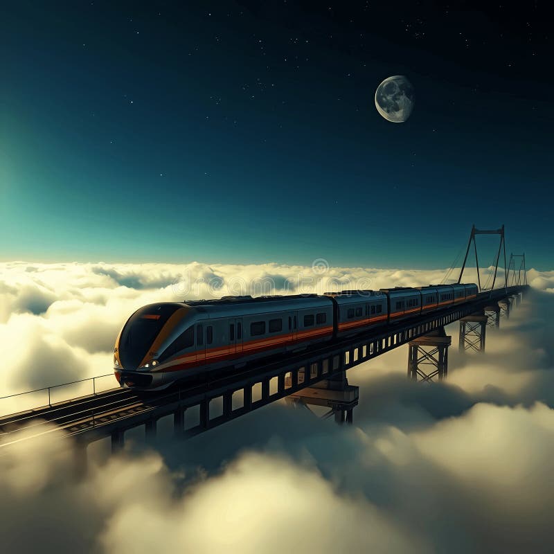 Long Train on Bridge Goes Over in the Evening Stock Illustration ...