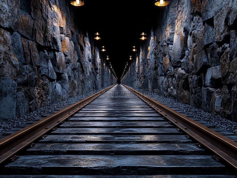 Long Train Track Going Dark Tunnel Lights Stock Photos - Free & Royalty ...