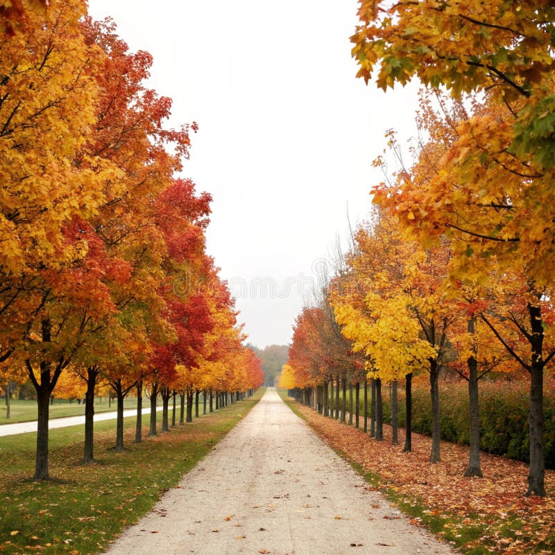 Long Tree Lined Pathway in Fall Stock Illustration - Illustration of ...