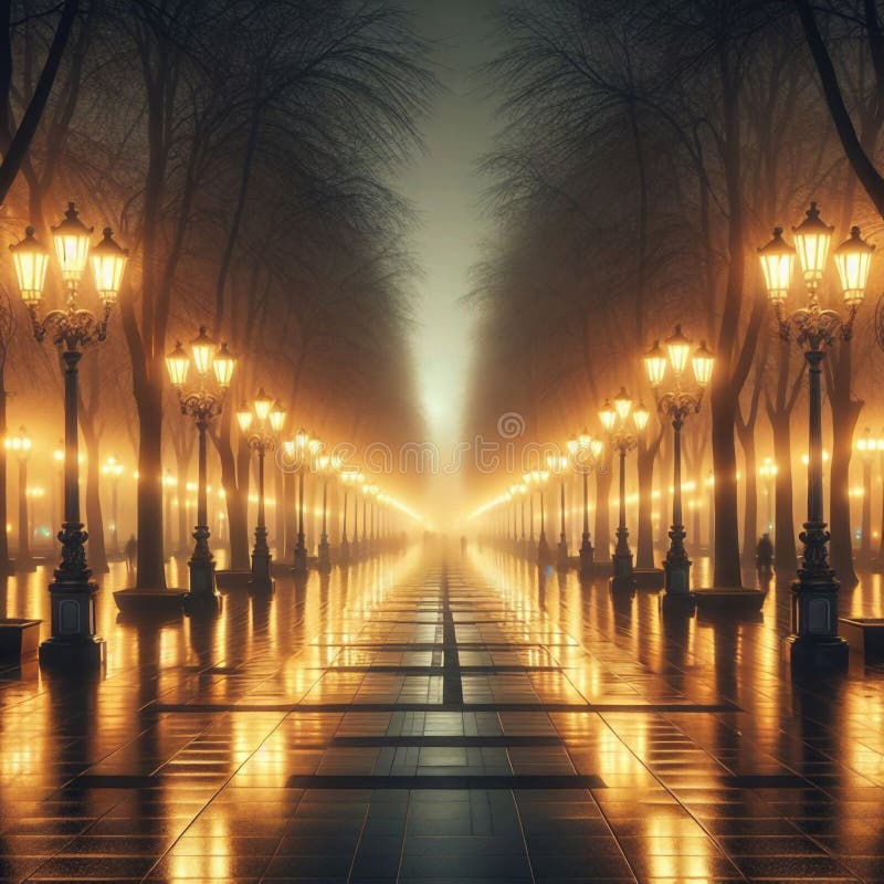 A Long, Tree-lined Pathway at Night, Illuminated by Vintage-style ...