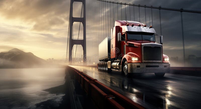 The Long Truck Drives Over the Bridge in the Evening. Stock ...