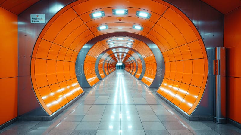 A Long Tunnel with Orange Walls and Lights on the Floor, AI Stock Image ...