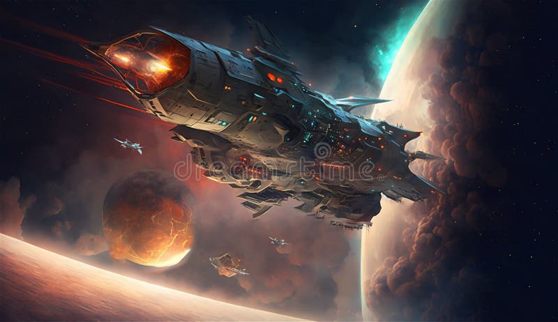 Long and Very Sharp Spaceship with Large Engines in Front of a Planet ...