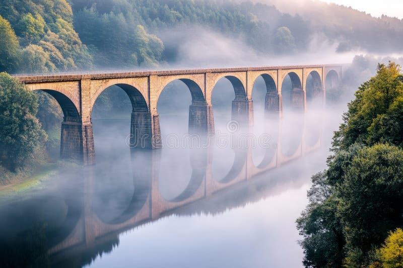 A Long Viaduct Stretching Over a River Shrouded in Morning Mist Stock ...
