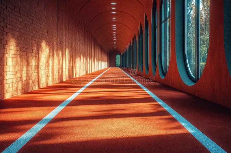 A Long, Vibrant Corridor with Circular Windows and Colorful Flooring in ...