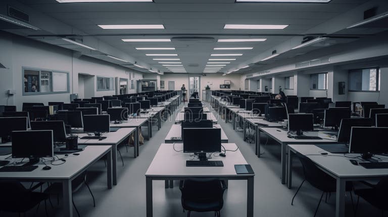 Long View of a Computer Lab with Rows of Desks and Monitors in a Large ...