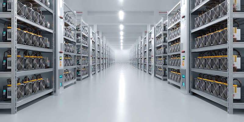 A Long View of a Crypto Mining Farm with Rows of Servers in a Brightly ...