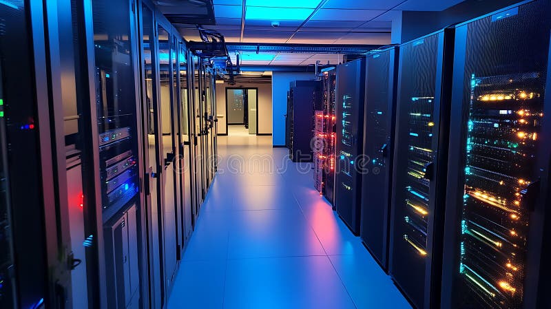 A Server Room, Filled with Server Racks, is Lit by Blue and Red Lights ...