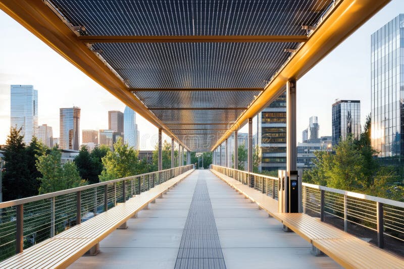 A Long Walkway with Benches and Trees in the Background, Modern Urban ...