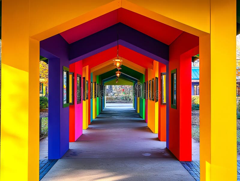 A Long Walkway Lined with Colorful Pillars and Pictures on the Wall ...