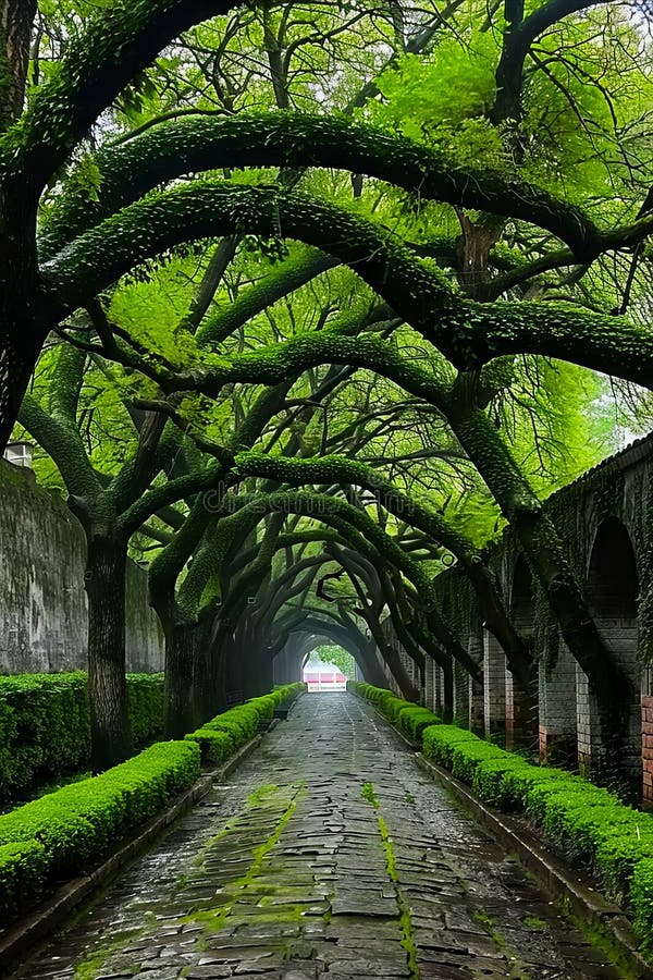 A Long Walkway Lined with Trees and Greenery Stock Photo - Image of ...