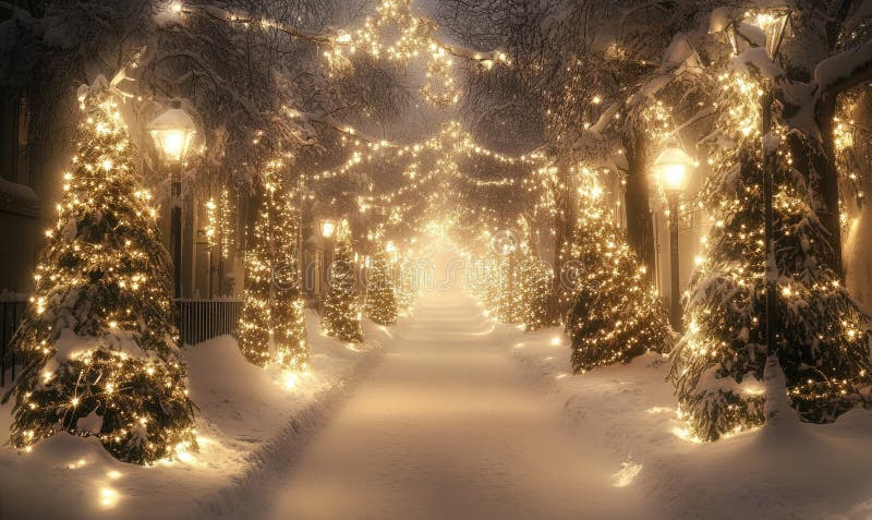 A Long Walkway with Many Christmas Trees Lit Up Stock Illustration ...