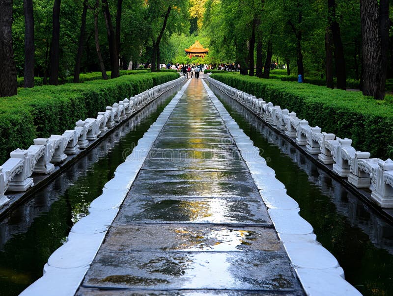 A Long Walkway in the Middle of a Lush Green Park Stock Image - Image ...