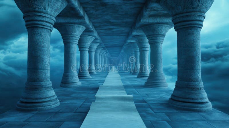 A Long Walkway with Pillars and a White Path in the Middle, AI Stock ...